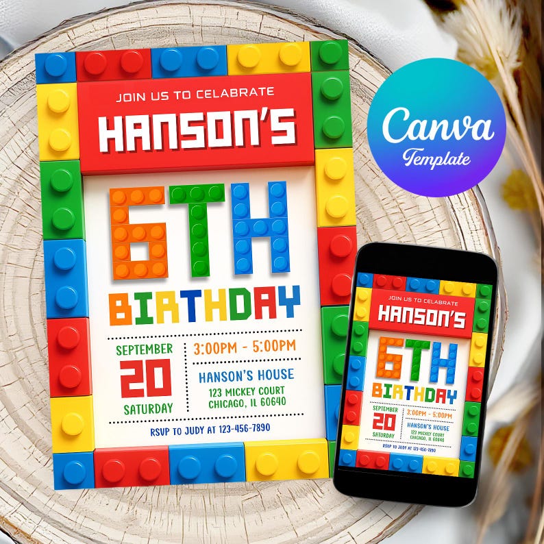 6th Birthday Building Blocks Invitation, Editable Blocks Party Invite ...