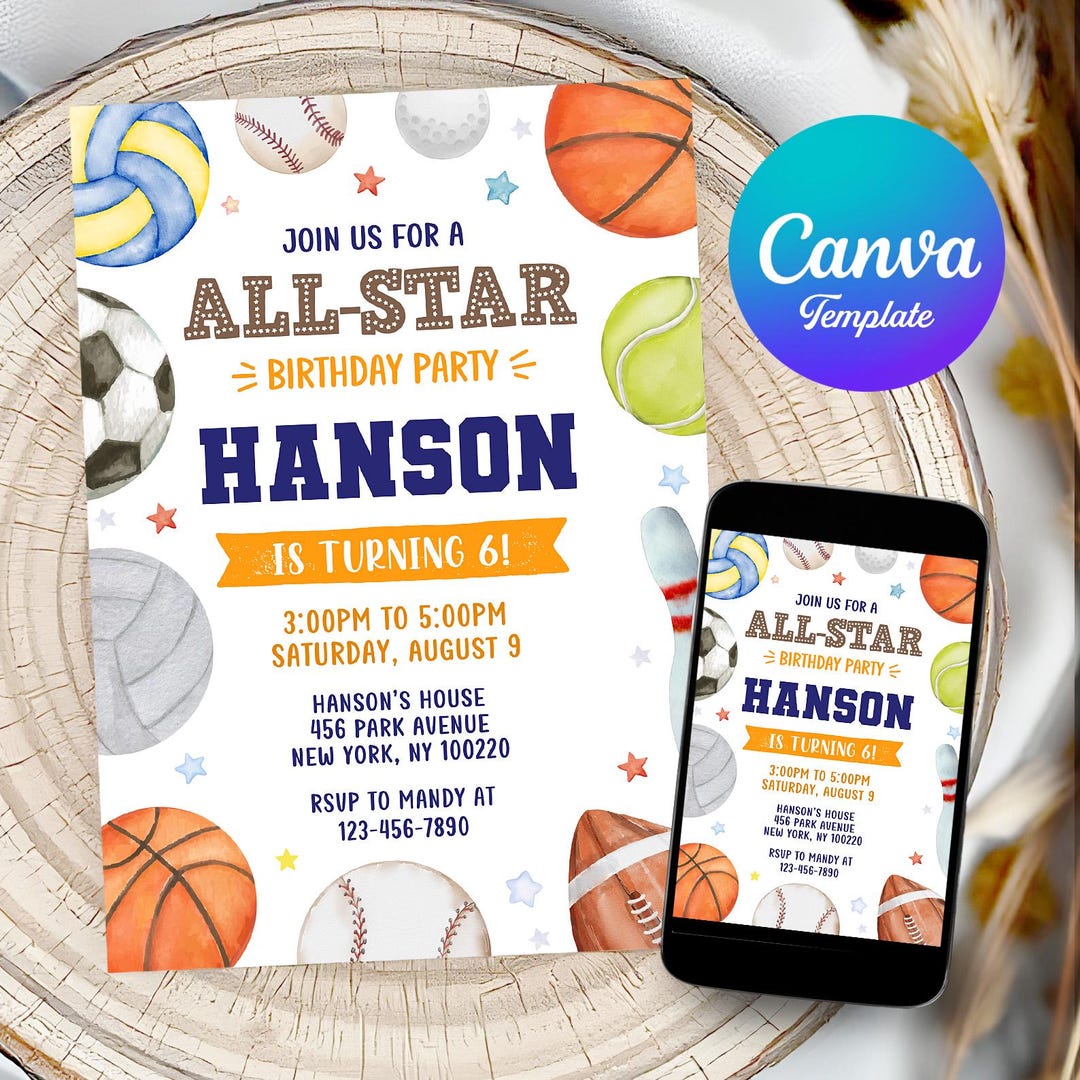 Editable Sports Birthday Invitation All Star Party Invite Digital ...
