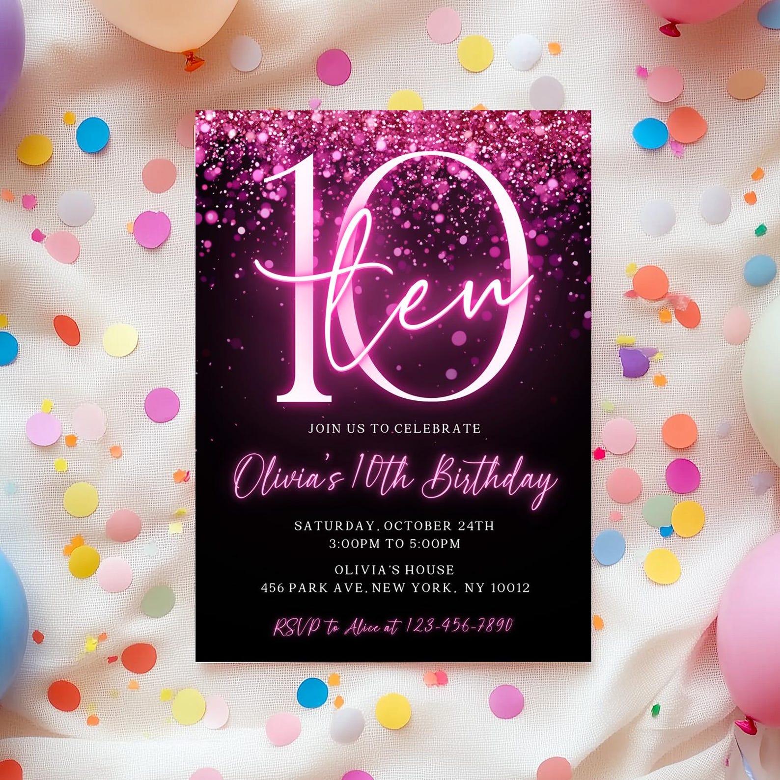 Editable Girl Glitter Birthday Invite 10th Birthday Invitation Template ...