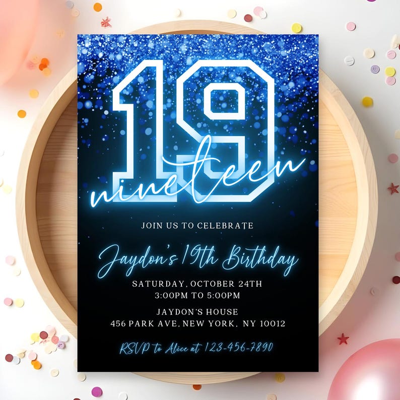 Editable Boy Glitter Birthday Invite 19th Birthday Invitation Template ...
