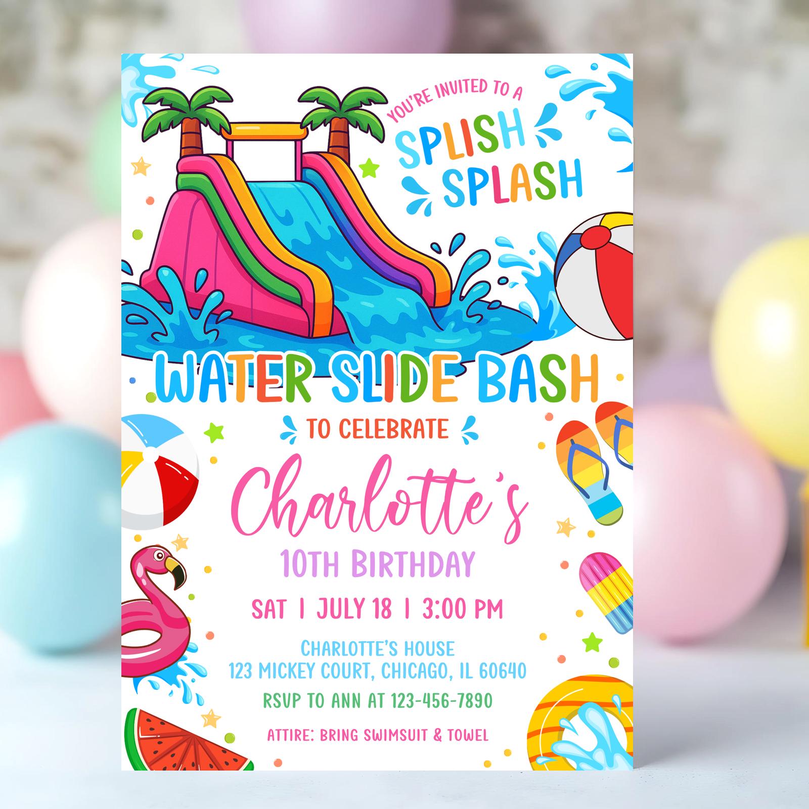 Editable Waterslide Birthday Invitation Water Slide Splash Party Summer ...