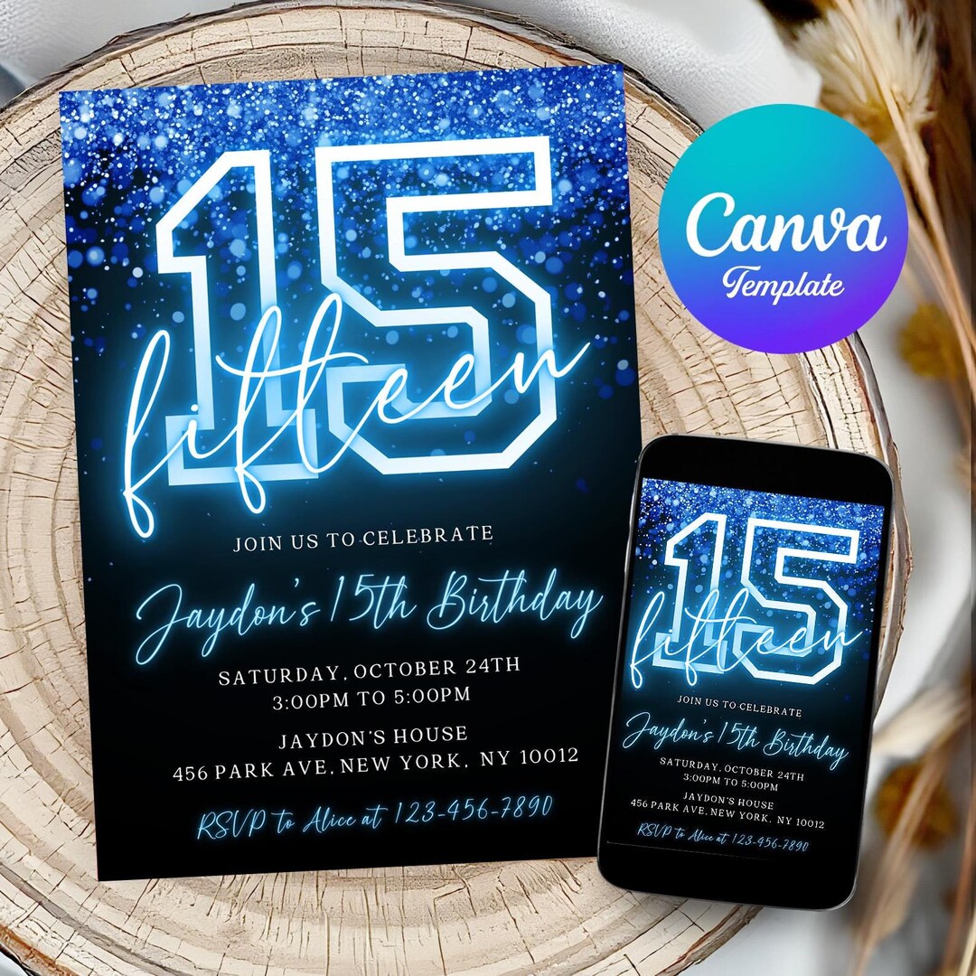 Editable Boy Glitter Birthday Invite 15th Birthday Invitation Template ...