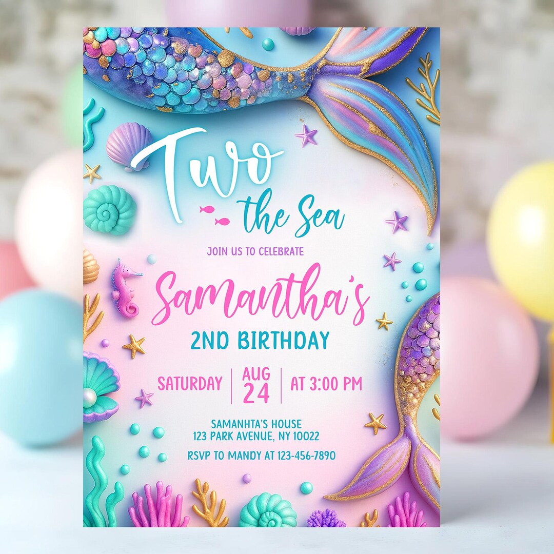 Two the Sea or Mermaid Birthday Invitation, Under the Sea Invite ...