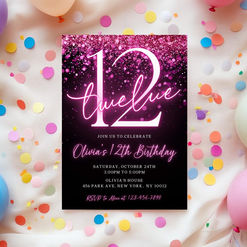 Editable Girl Glitter Birthday Invite 12th Birthday Invitation Template ...