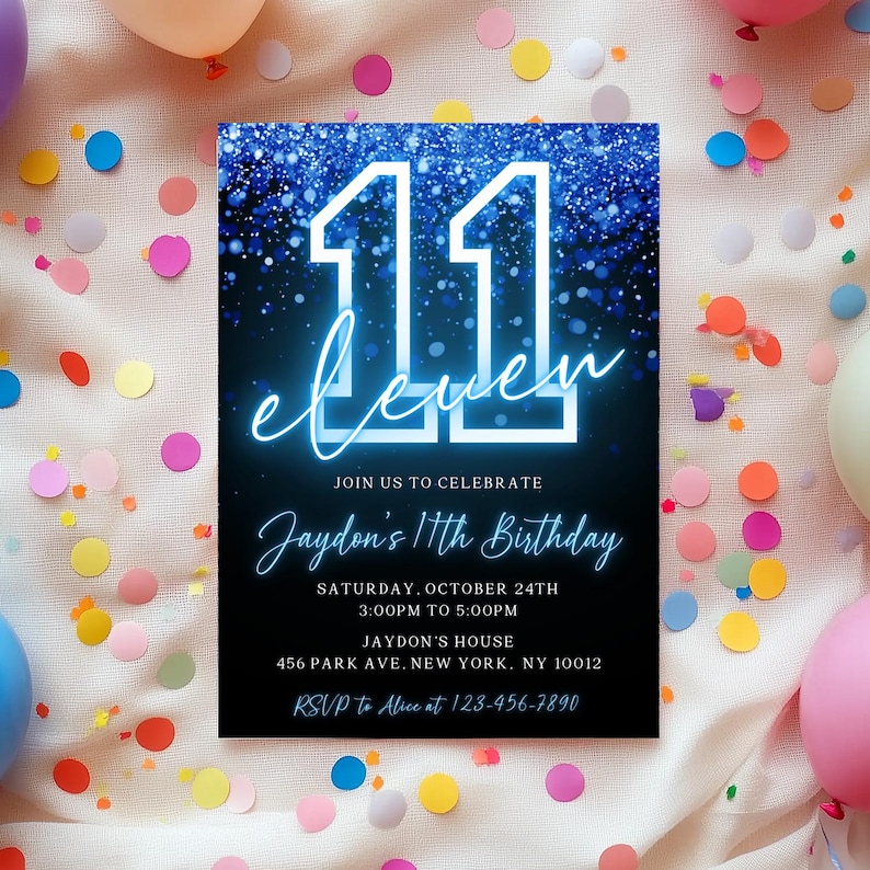 Editable Boy Birthday Invite 11th Birthday Invitation Template Neon ...