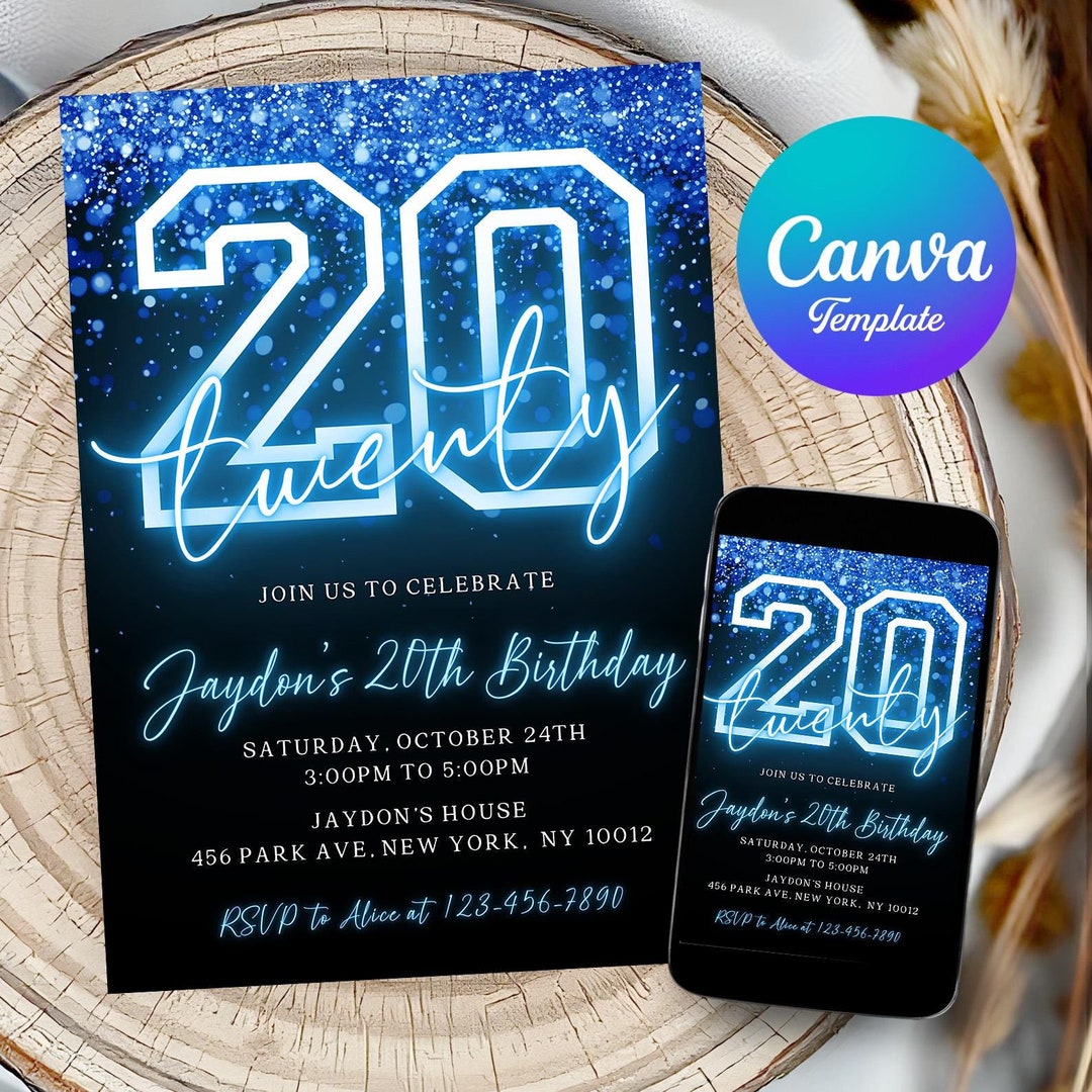 Editable Boy Glitter Birthday Invite 20th Birthday Invitation Template ...