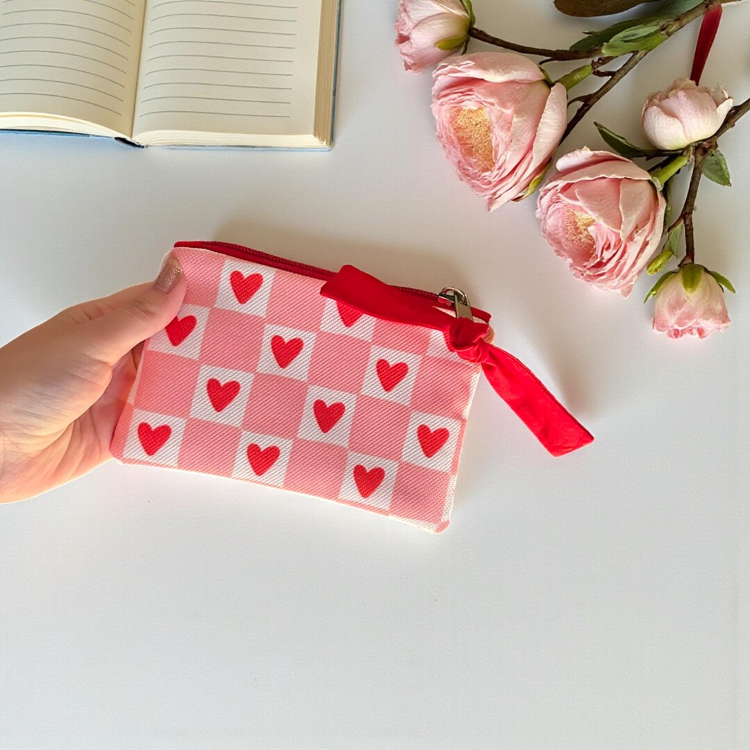 Heart Coin Purse, Small Checkered Makeup Bag, Zipper Card Pouch - Etsy