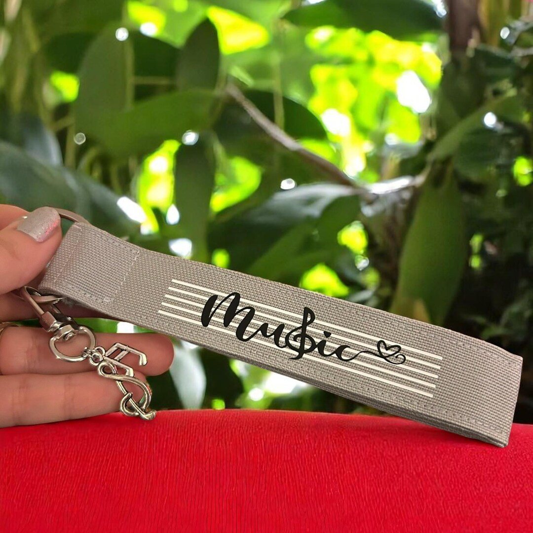Music Notes Wristlet Keychain With Treble Clef and Note Charms, Fabric ...
