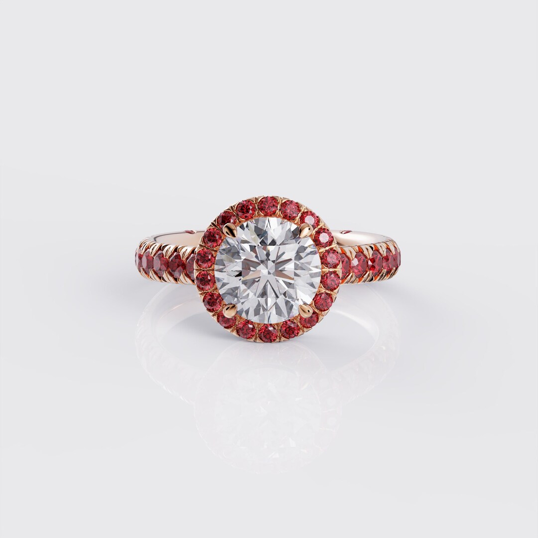 2ct VS Lab-grown Round Diamond Halo Ring With Ruby 3ct Total Weight 14k ...