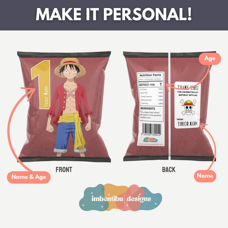 One Piece Anime Chip Bag Label Template | (10) Designs | Custom ...