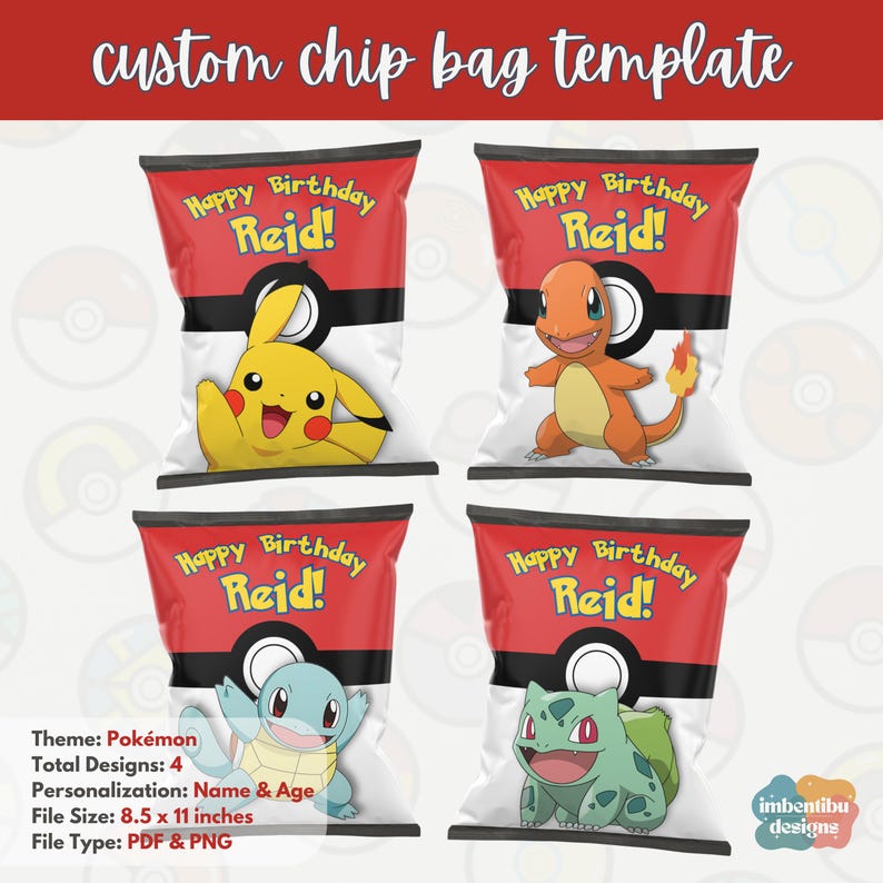 Pokémon Chip Bag Template | (4) Designs | Birthday Party Favor | Custom ...