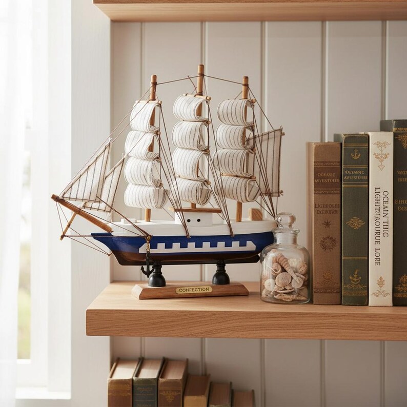 Handmade Wooden Sailboat Model, Nautical LED Ship Desk & Shelf Decor - Etsy