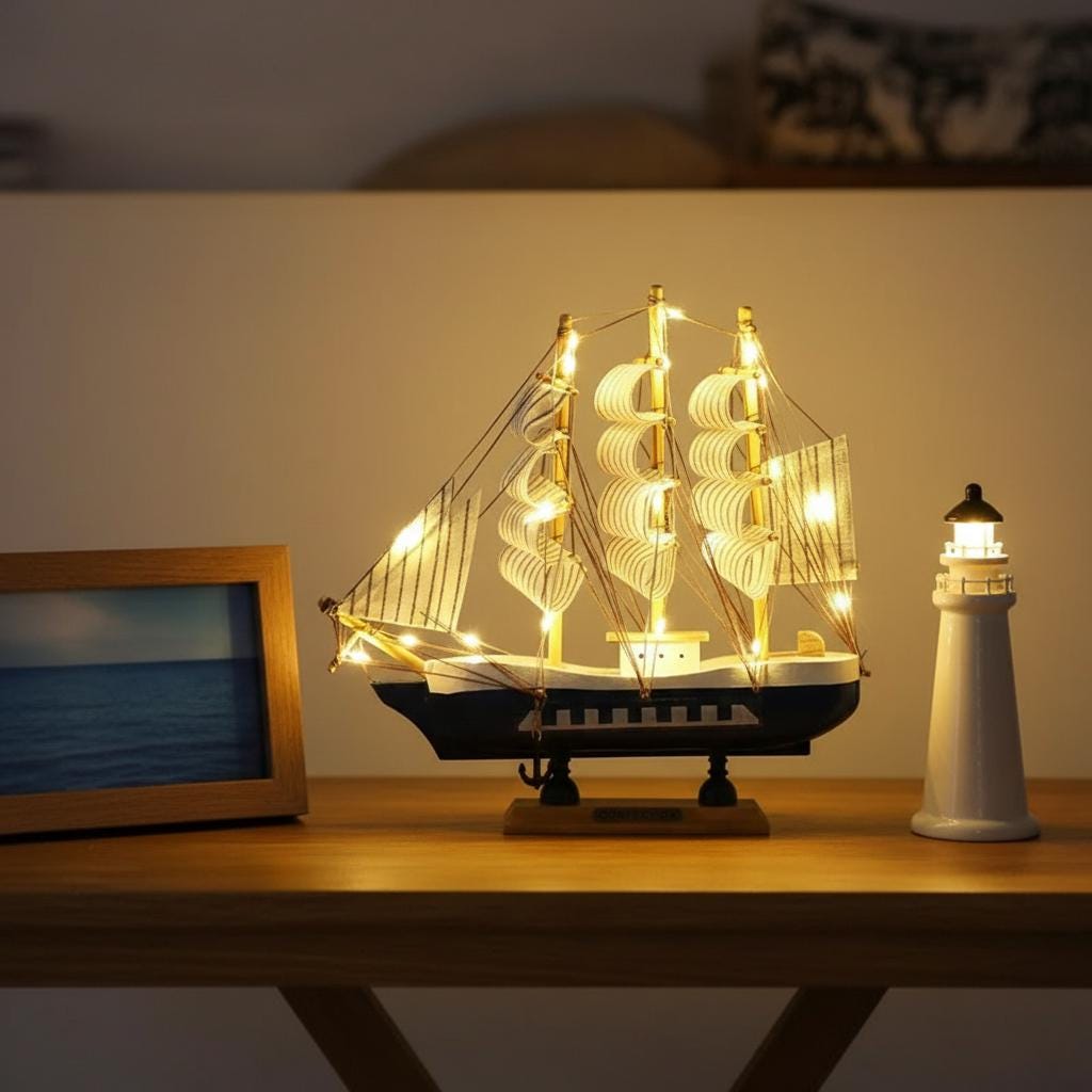 Handmade Wooden Sailboat Model, Nautical LED Ship Desk & Shelf Decor - Etsy