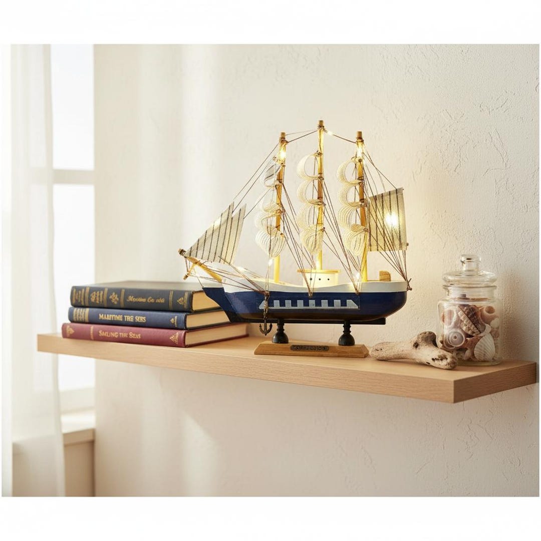 Handmade Wooden Sailboat Model, Nautical LED Ship Desk & Shelf Decor - Etsy