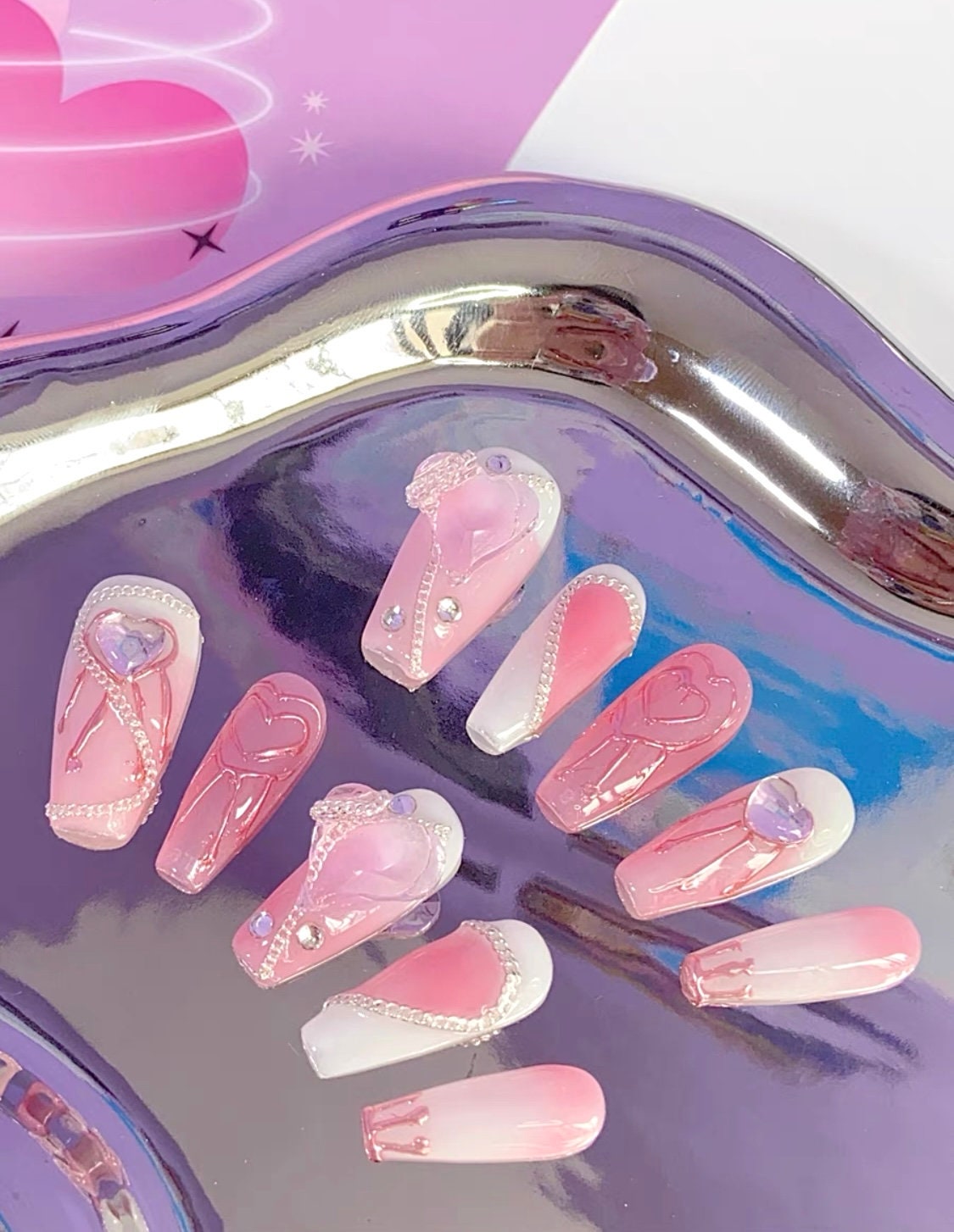 Y2K Pink Nails Art Press on Love Heart Rhinestone Valentine Romantic ...