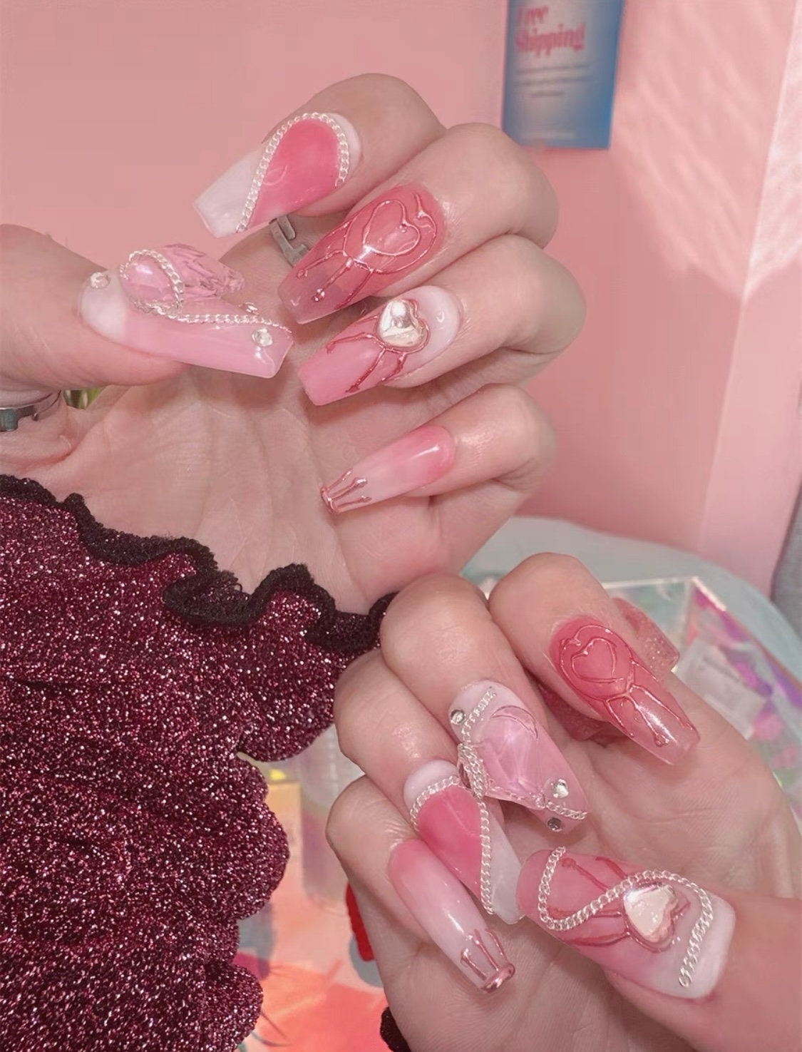 Y2K Pink Nails Art Press on Love Heart Rhinestone Valentine Romantic ...