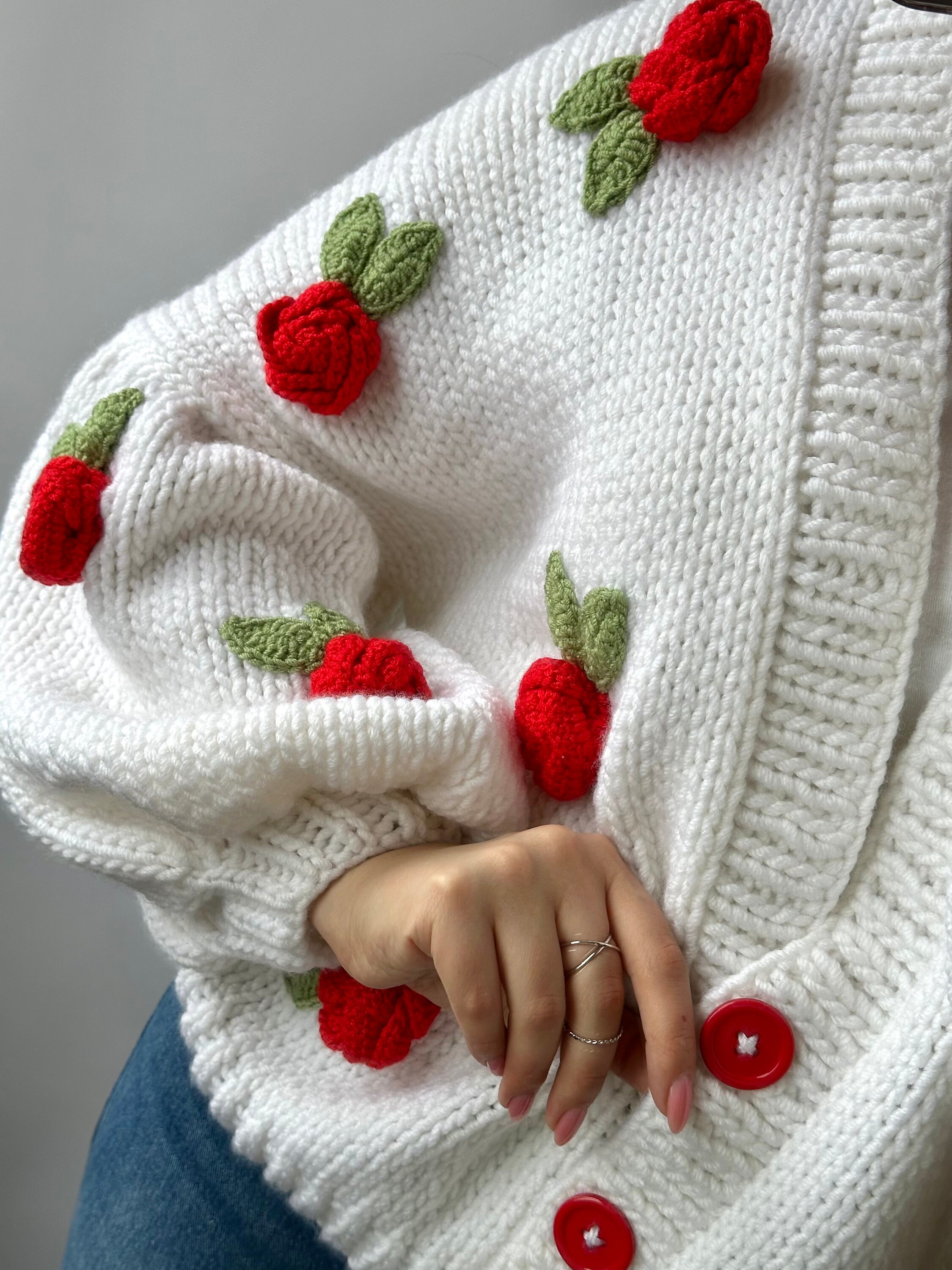 Cardigan With Roses,red Roses Sweater,rose Cardigan,floral Cardigan ...