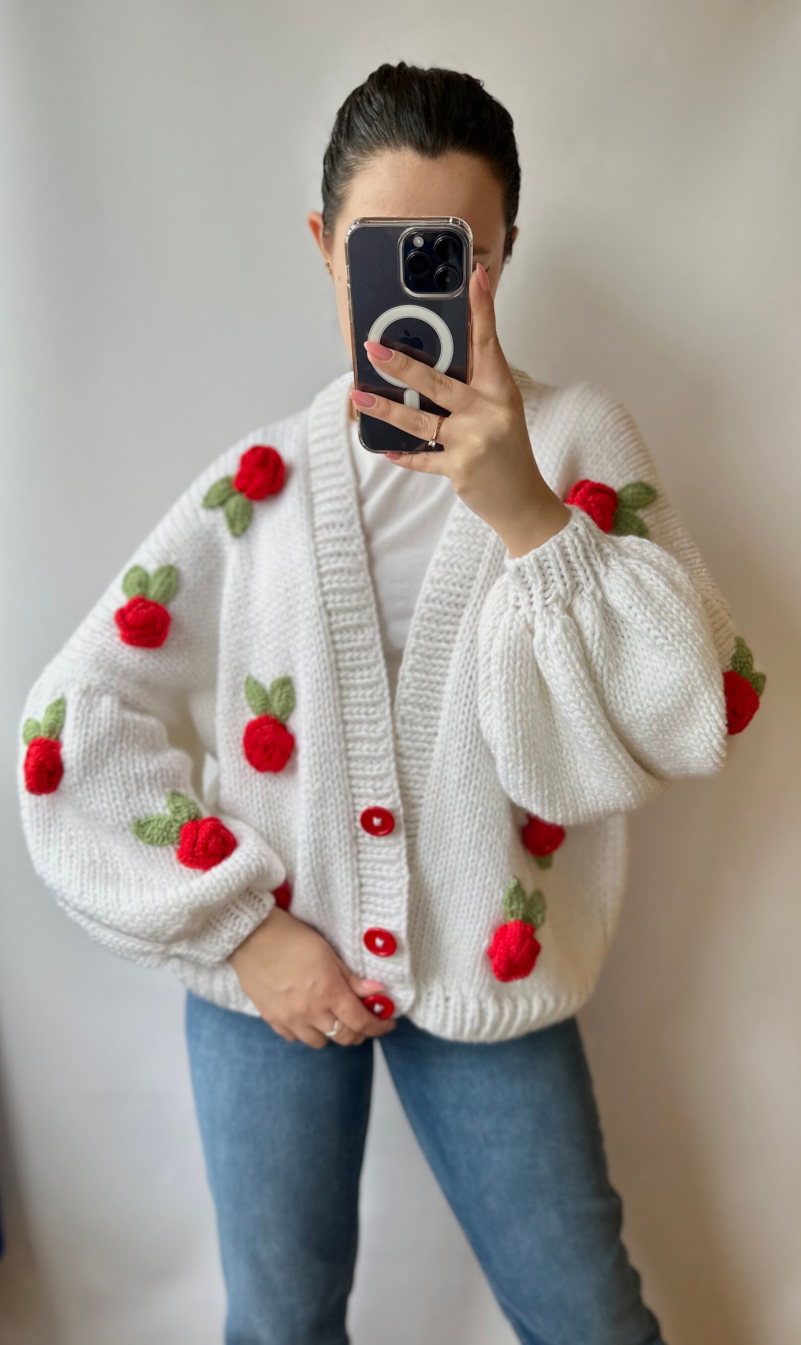 Cardigan With Roses,red Roses Sweater,rose Cardigan,floral Cardigan ...