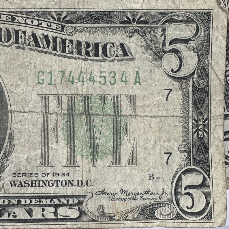 Rare 1934 Series 5 Five Dollar Bill Light Green Seal Federal Reserve ...