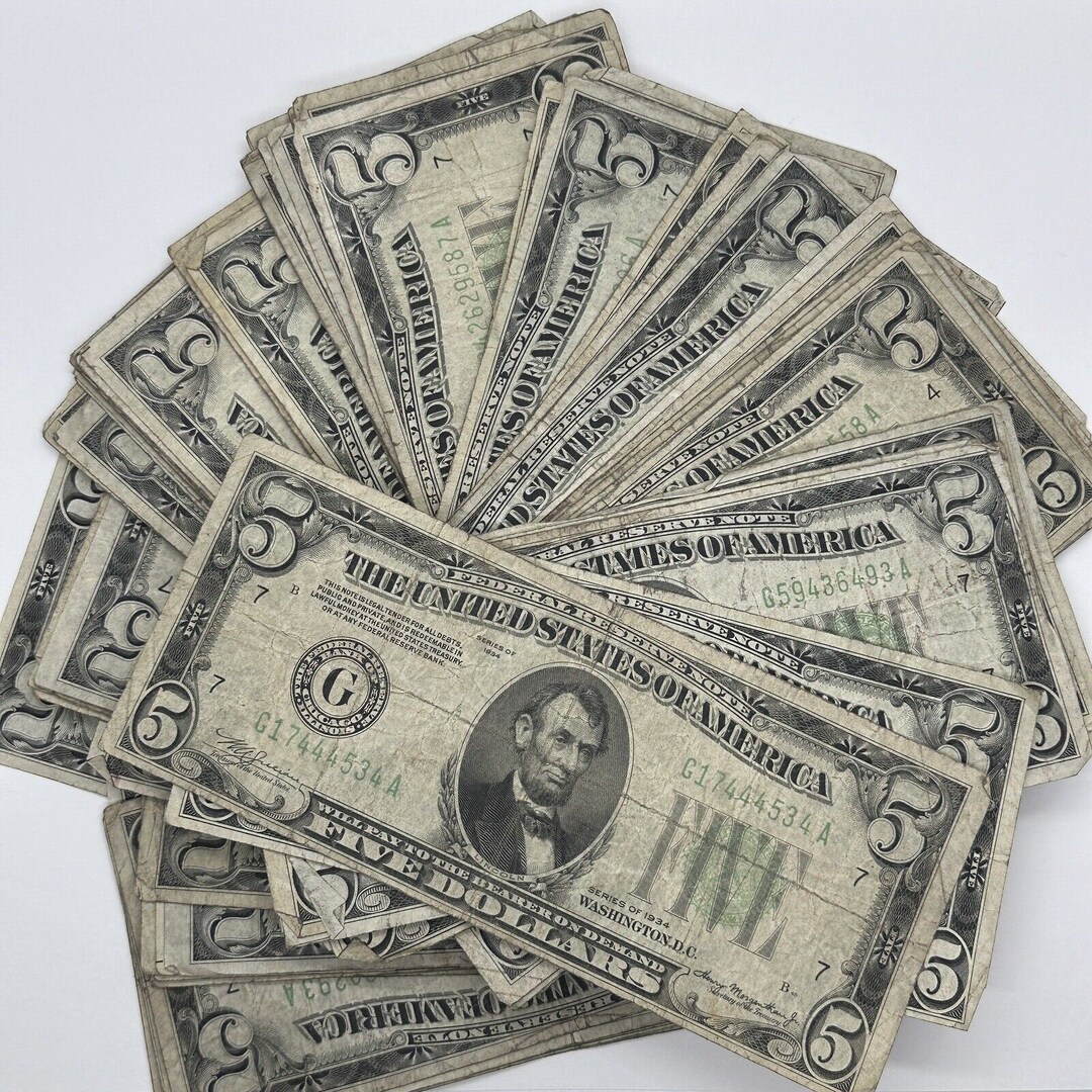 Rare 1934 Series 5 Five Dollar Bill Light Green Seal Federal Reserve ...