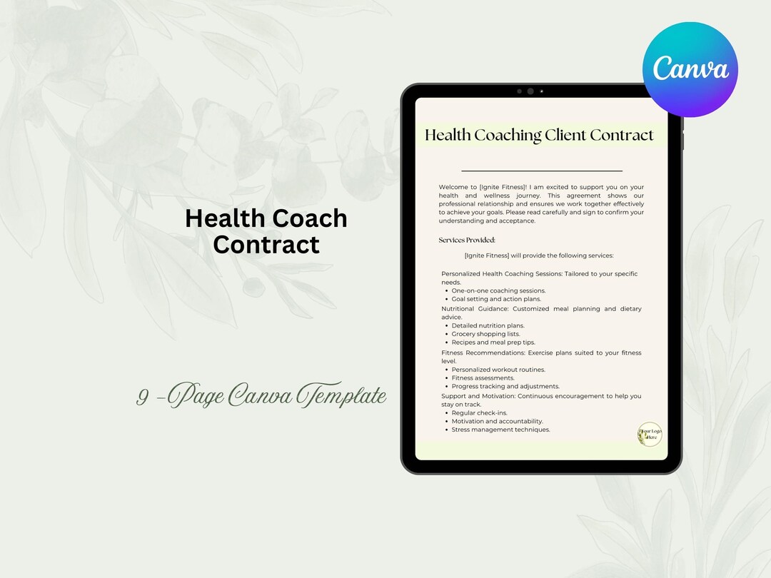 Health Coaching Client Contract Template Editable Canva Agreement for Wellness Nutrition ...