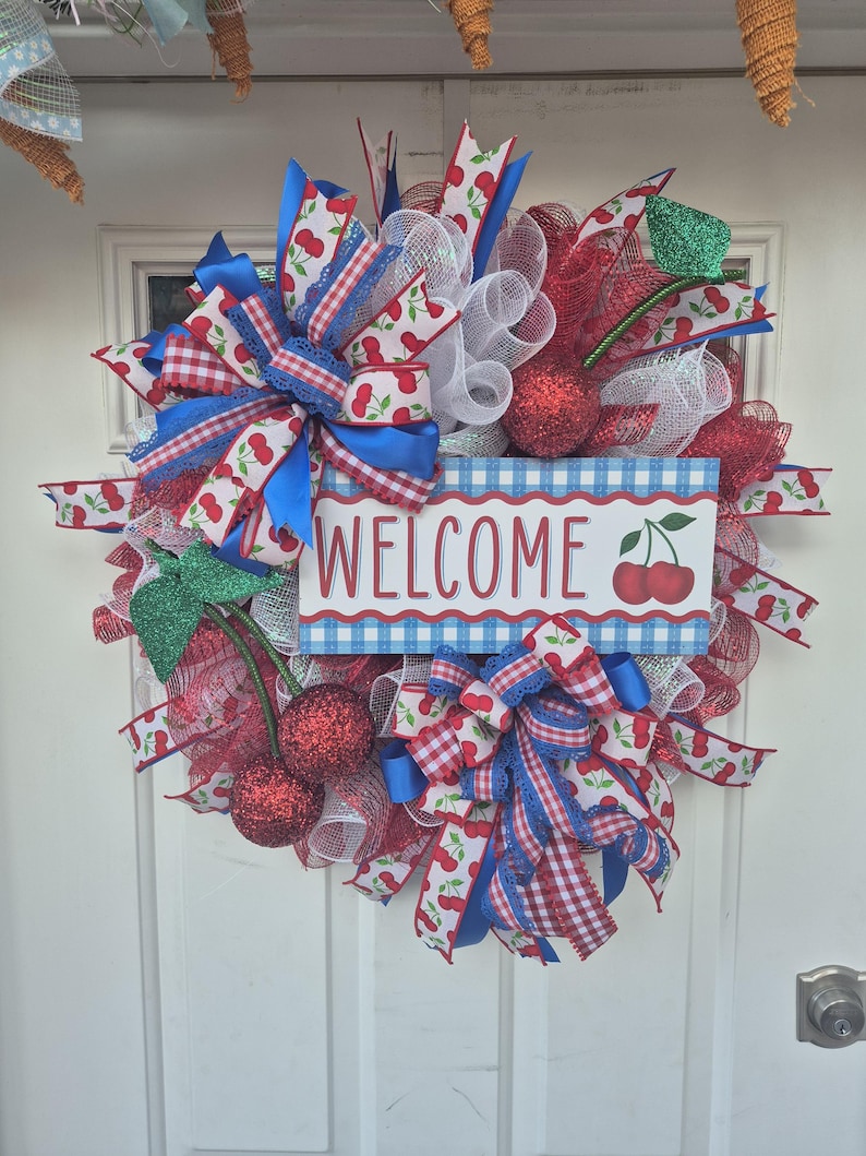 Cherry Welcome Wreath: Red White Blue Deco Mesh, Gingham Bow - Etsy