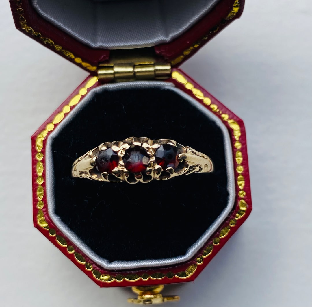 Garnet 3 Stone Circle Cut Gypsy Set Yellow Gold Ring With Ornate ...