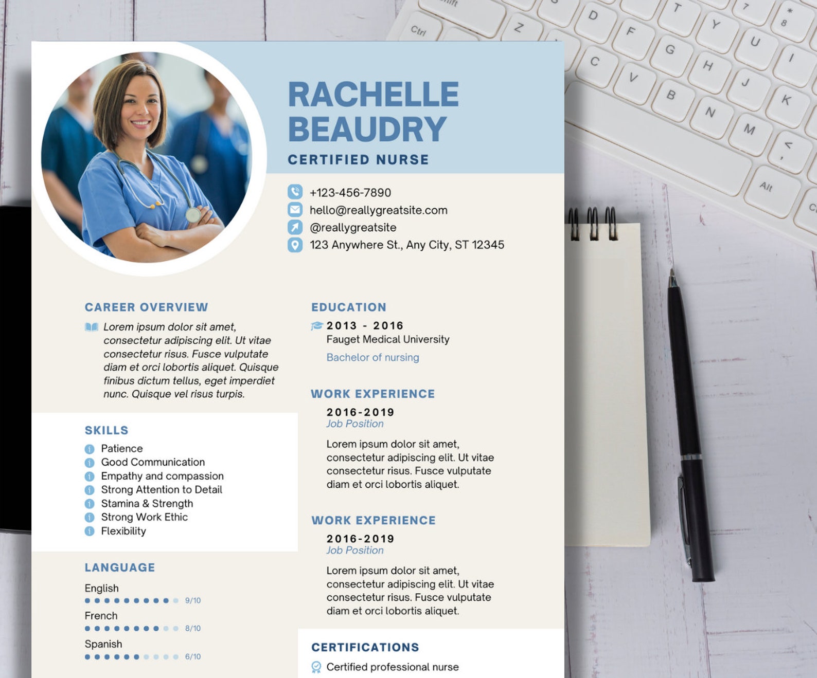 Blue and Cream Simple Nurse Resume, Nursing Resume, Professional ...