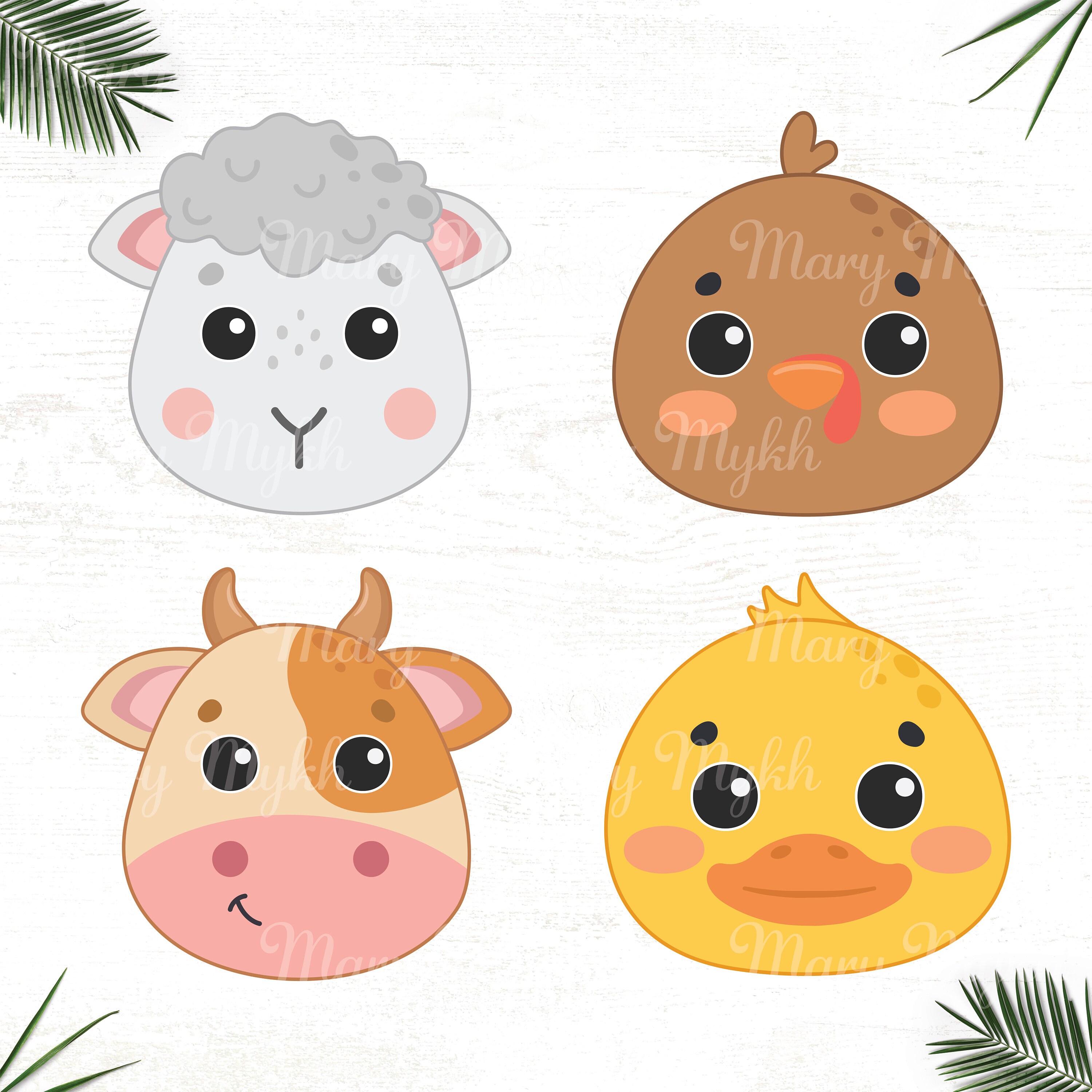 Farm Animal Faces Clipart | Cute Farm Animal PNG Bundle | Cartoon ...