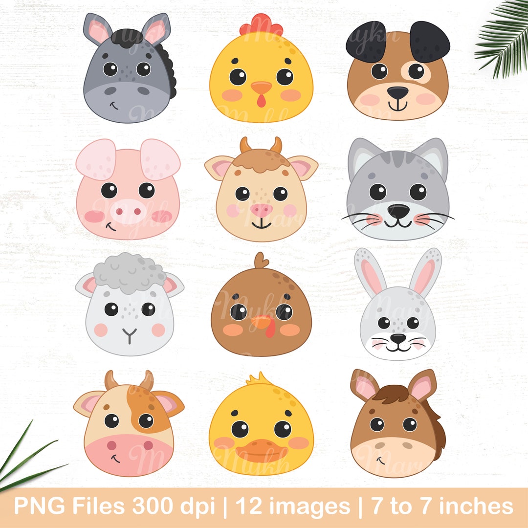Farm Animal Faces Clipart | Cute Farm Animal PNG Bundle | Cartoon ...