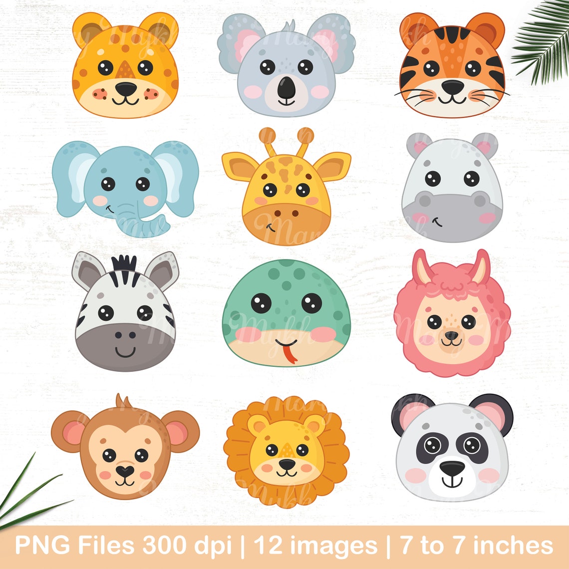 Wild Animal Faces Clipart | Safari Jungle Animal PNG Bundle | Cute ...