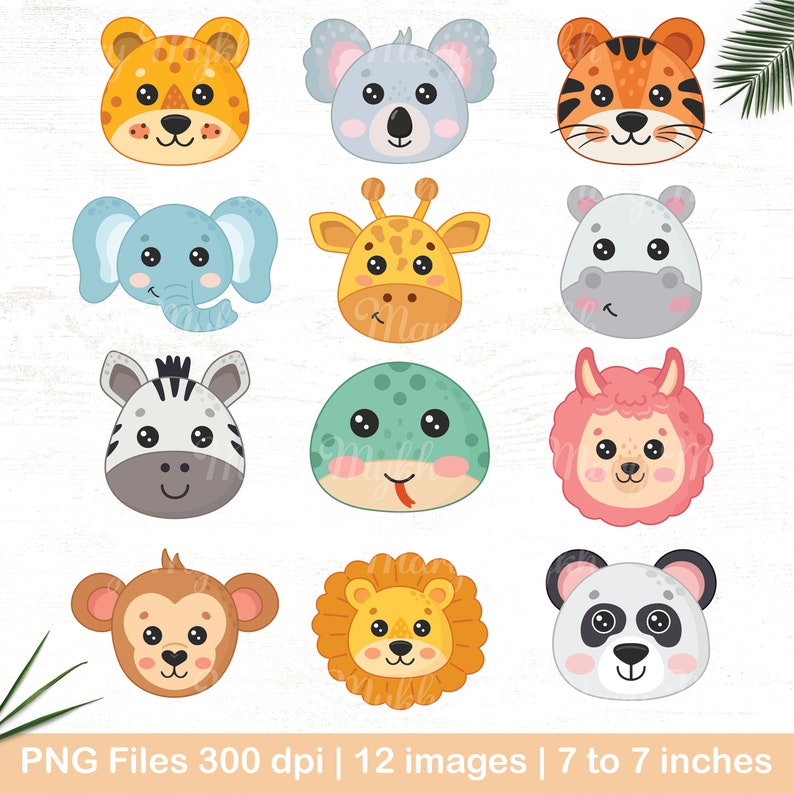 Wild Animal Faces Clipart | Safari Jungle Animal PNG Bundle | Cute ...