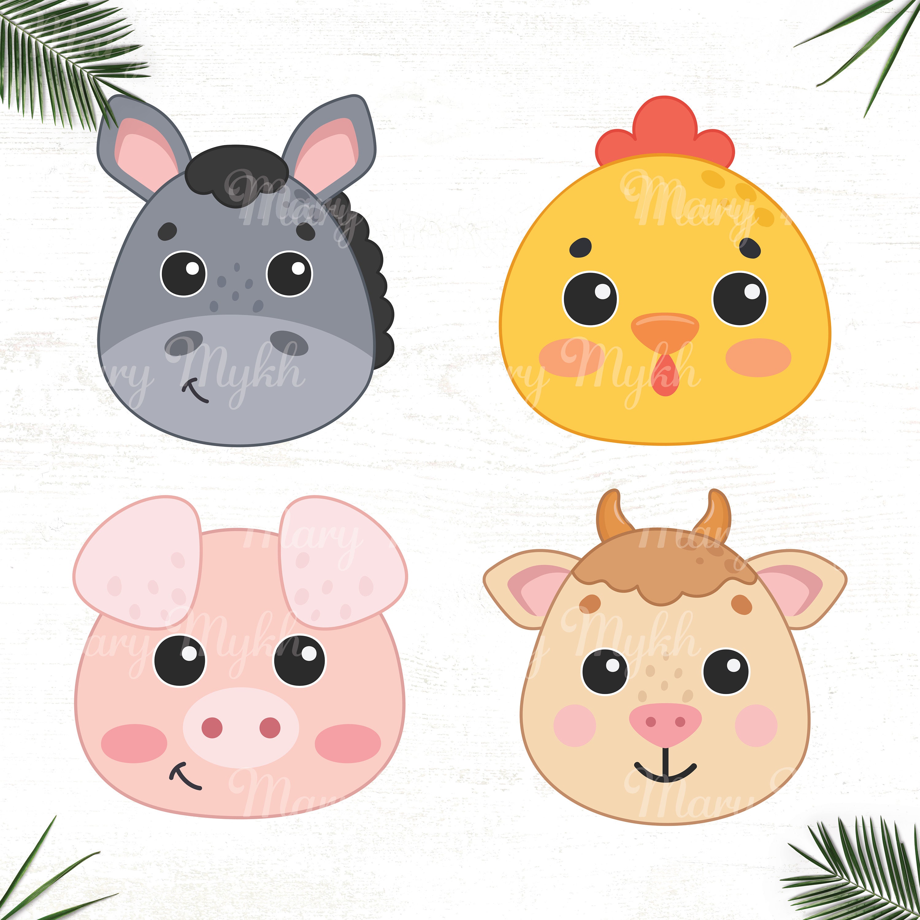 Farm Animal Faces Clipart | Cute Farm Animal PNG Bundle | Cartoon ...