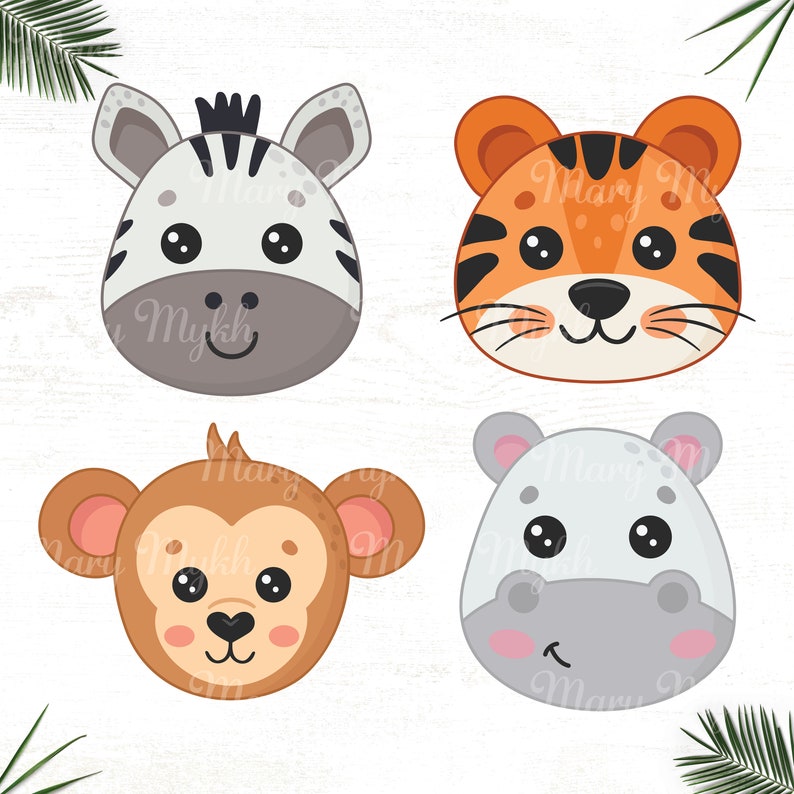 Wild Animal Faces Clipart | Safari Jungle Animal PNG Bundle | Cute ...