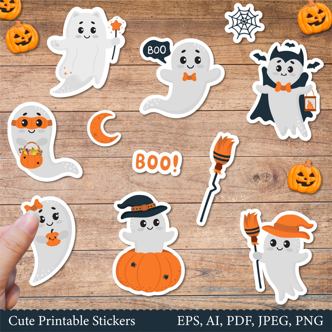 Cute Halloween Ghost Stickers PNG Bundle | Halloween Stickers Bundle ...