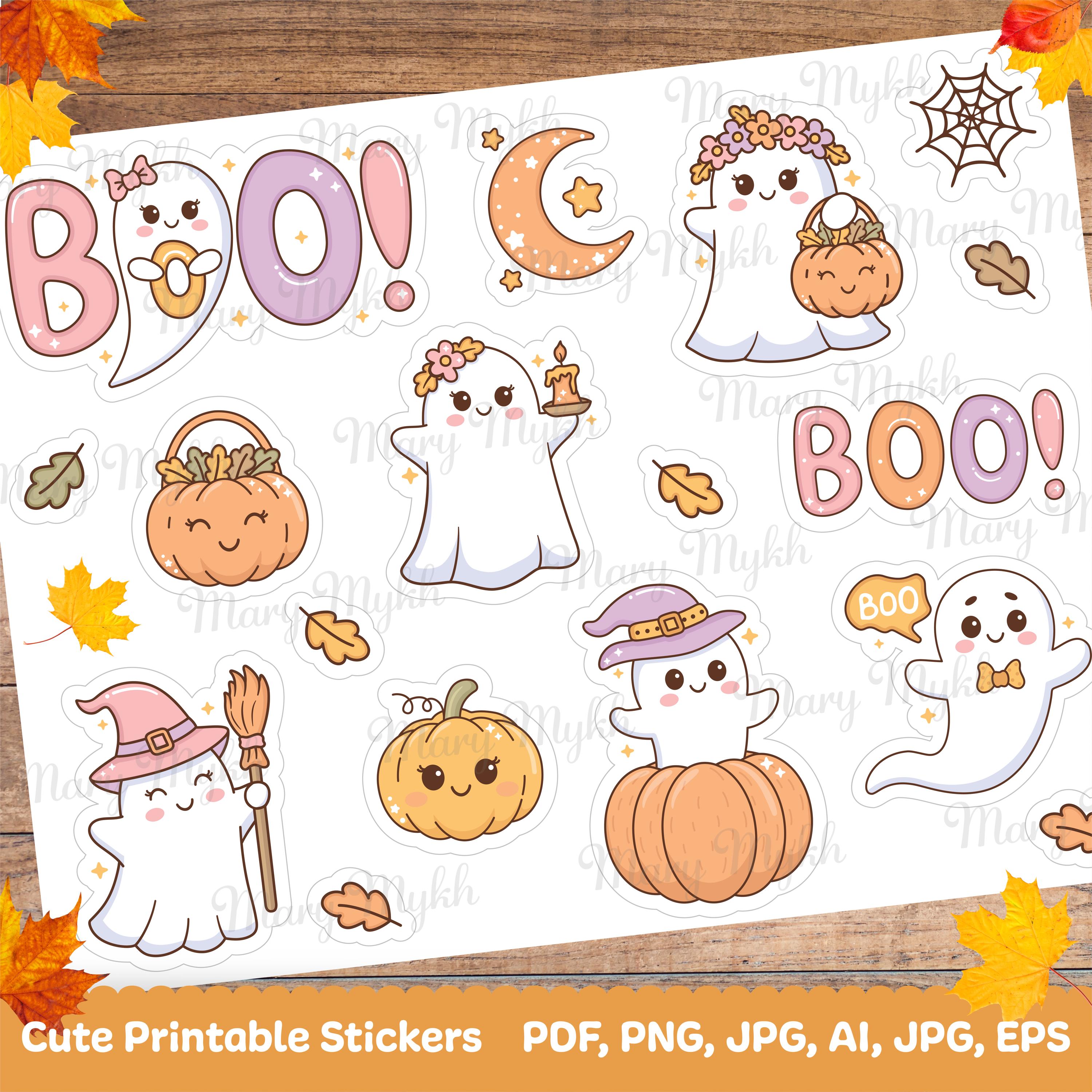Cute Halloween Ghost Stickers PNG Bundle | Digital Printable Stickers ...