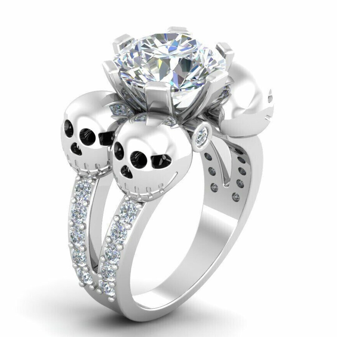 Gothic Jack Skellington Ring, Solitaire Wedding Ring, 3.00 Ct Round Cut ...