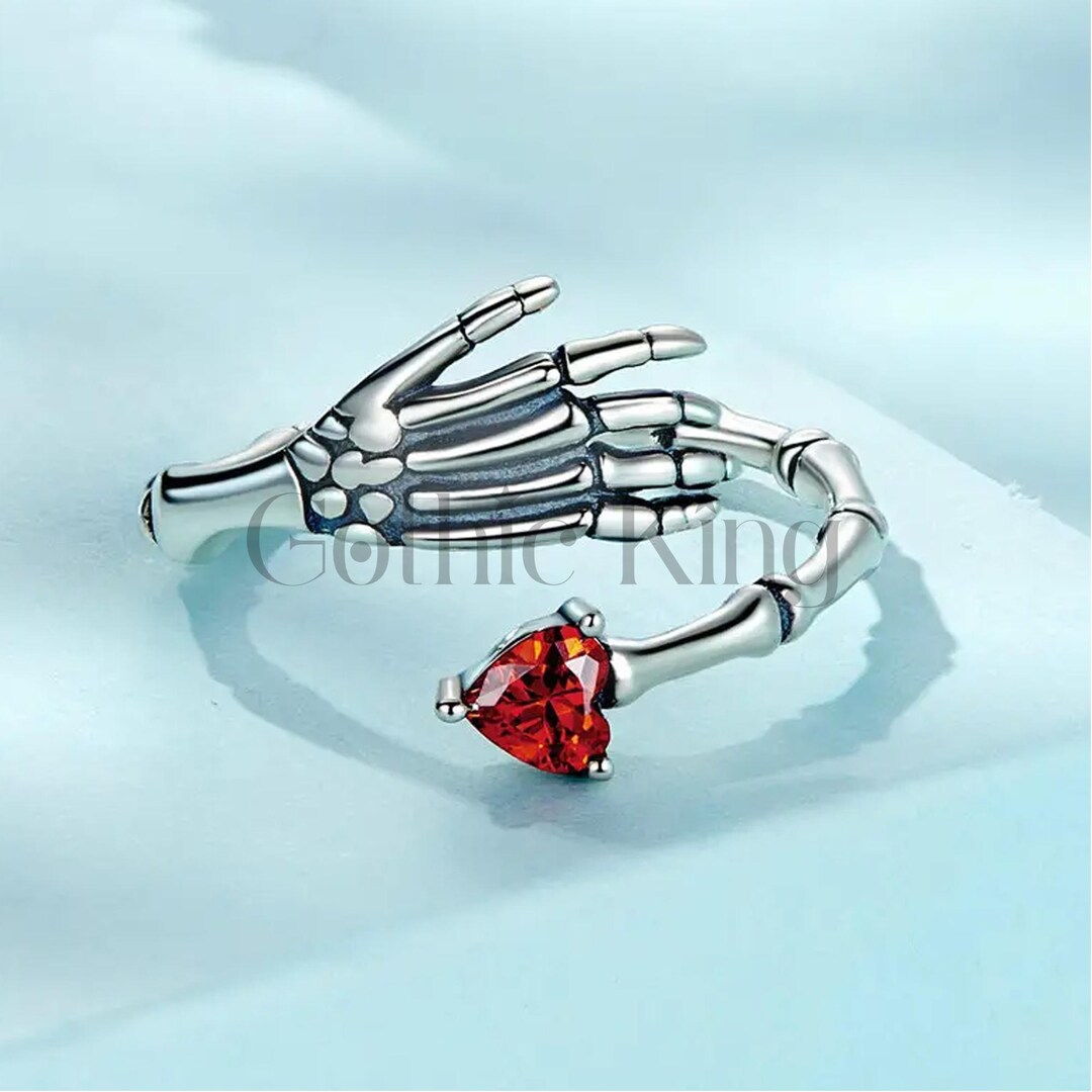 Red Garnet Heart Ring: Sterling Silver Skeleton Hand, Gothic Promise ...