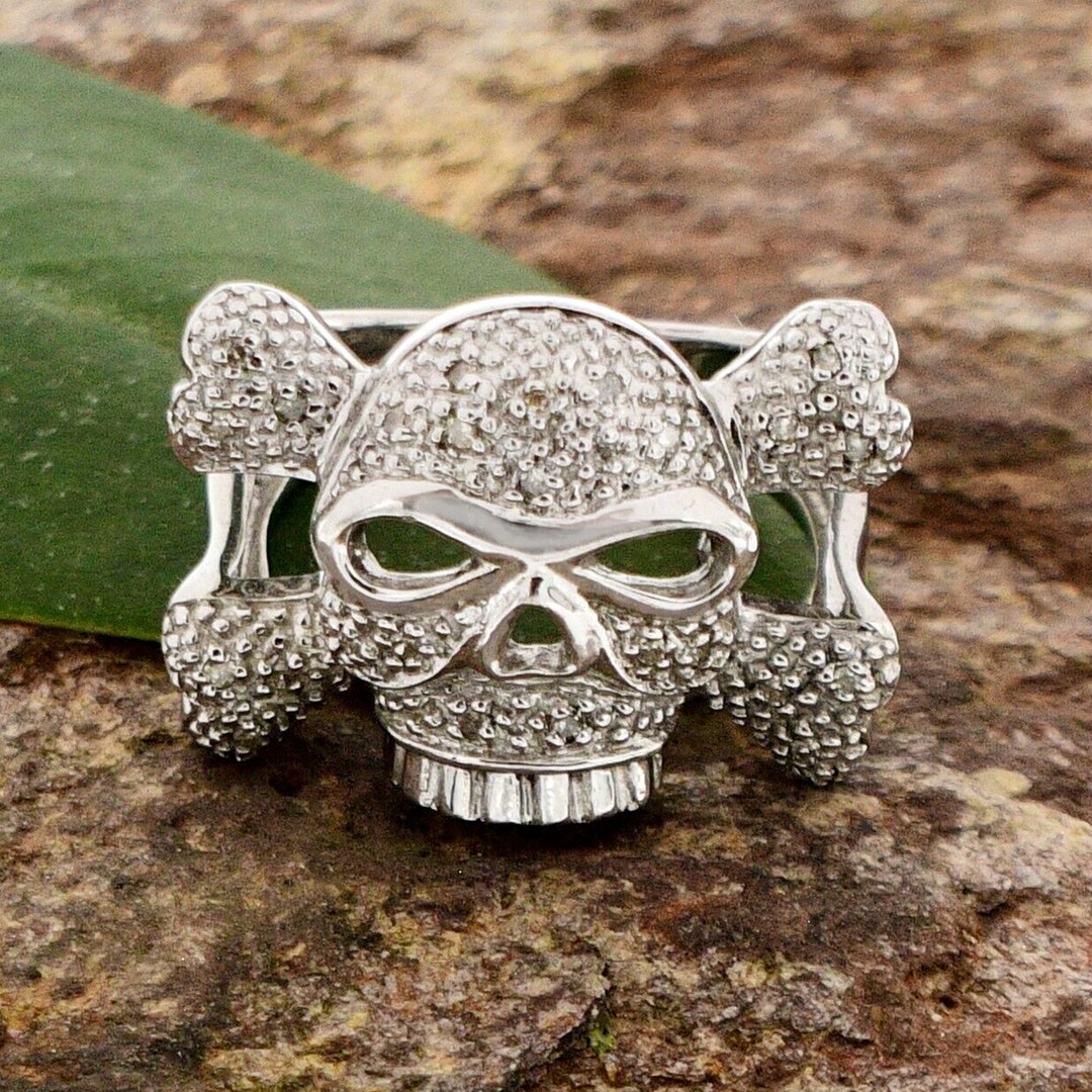 Gothic Alien Skull Monster Ring, Round Cut White Sapphire, 925 Sterling ...
