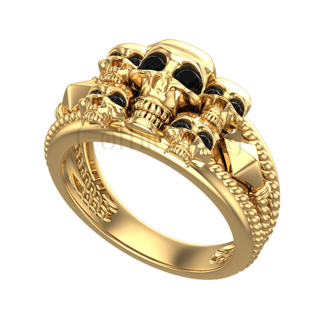 Gothic Skull Face Ring, 5-skull Shape Ring, 2.10 Ct Round Cut Black ...