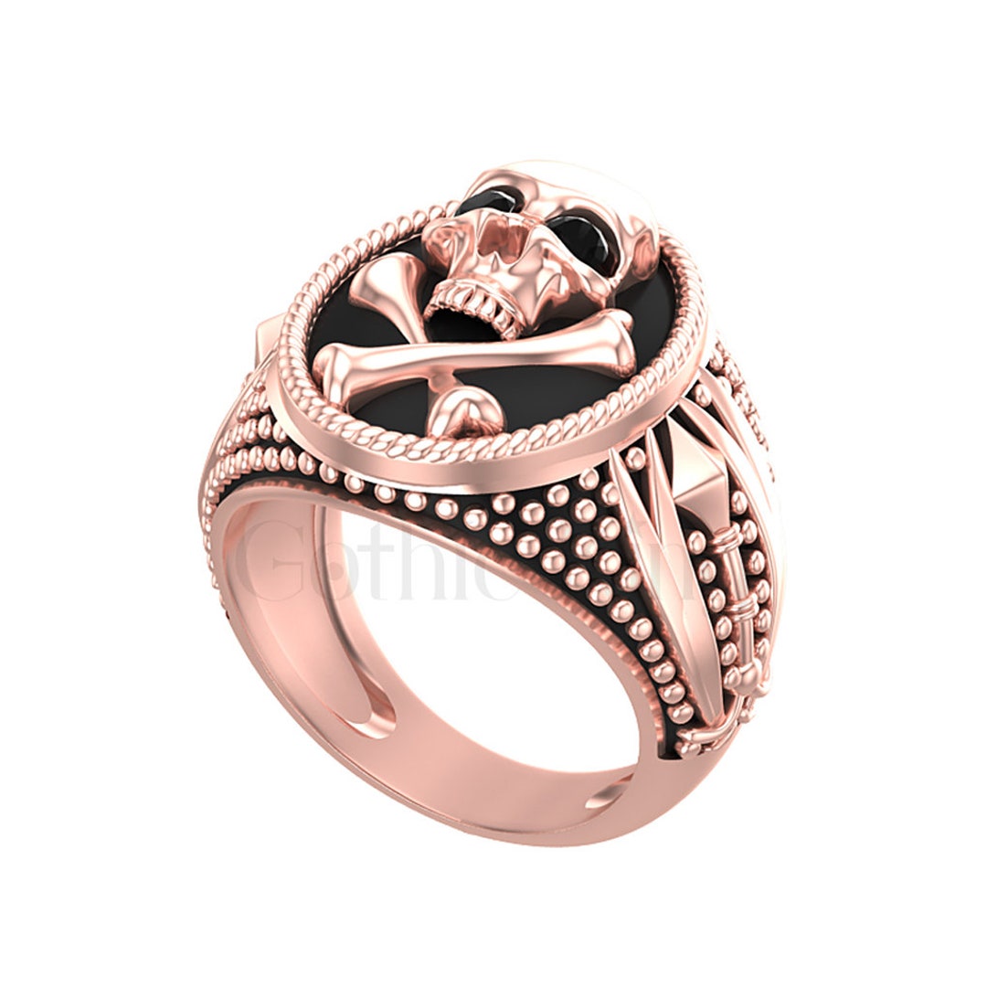 Gothic Skull Sterling Silver Ring: Black Sapphire, Rose Gold Finish - Etsy