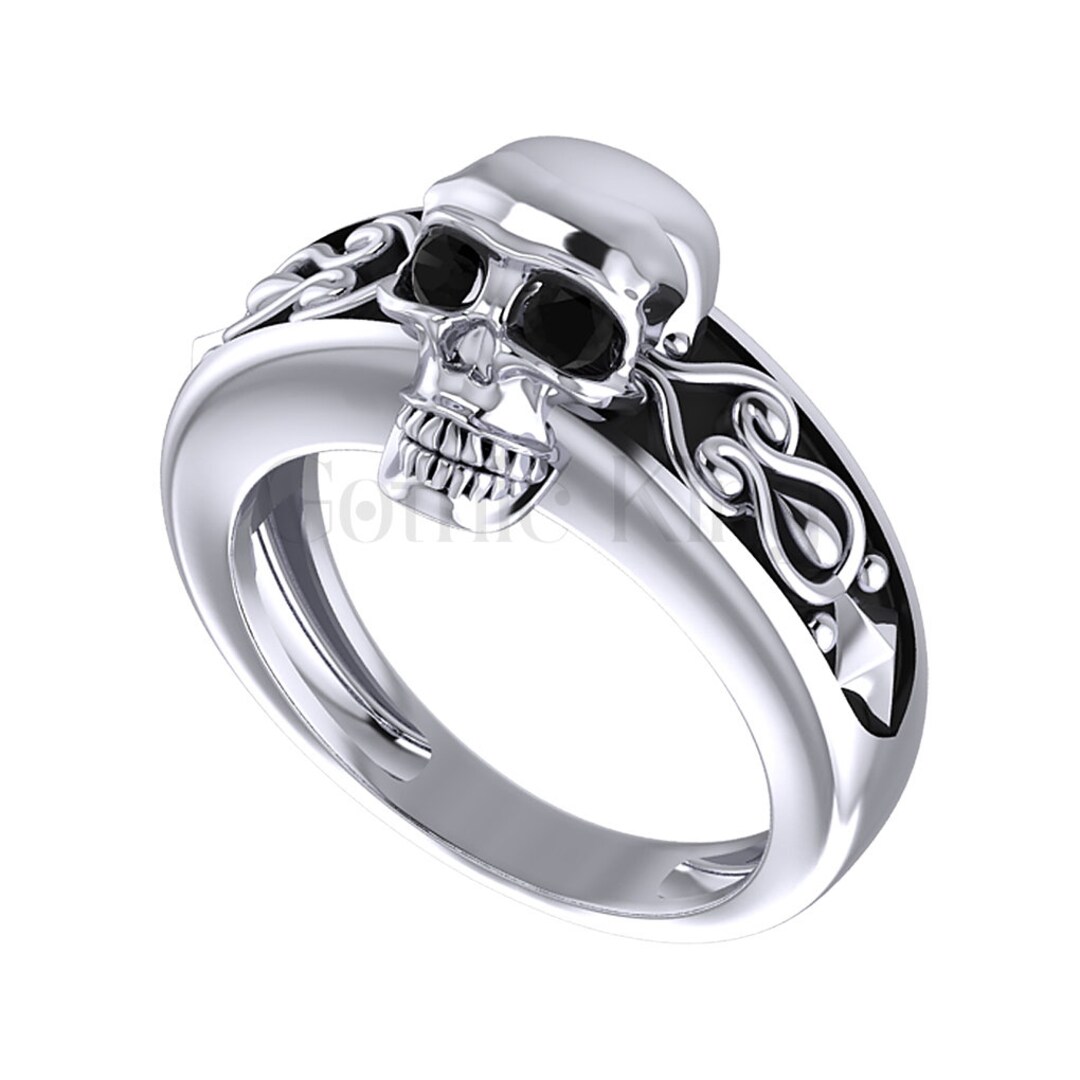 Gothic Skull Ring, Brilliant Round Cut Black Sapphire, Vintage Style ...