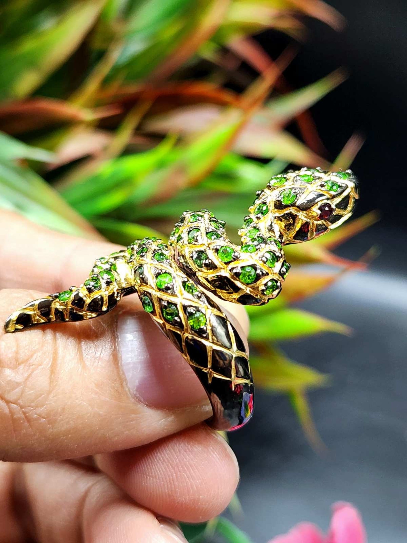 Tsavorite Snake Finger Ring in Black Rhodium Plated 925 Silver ...