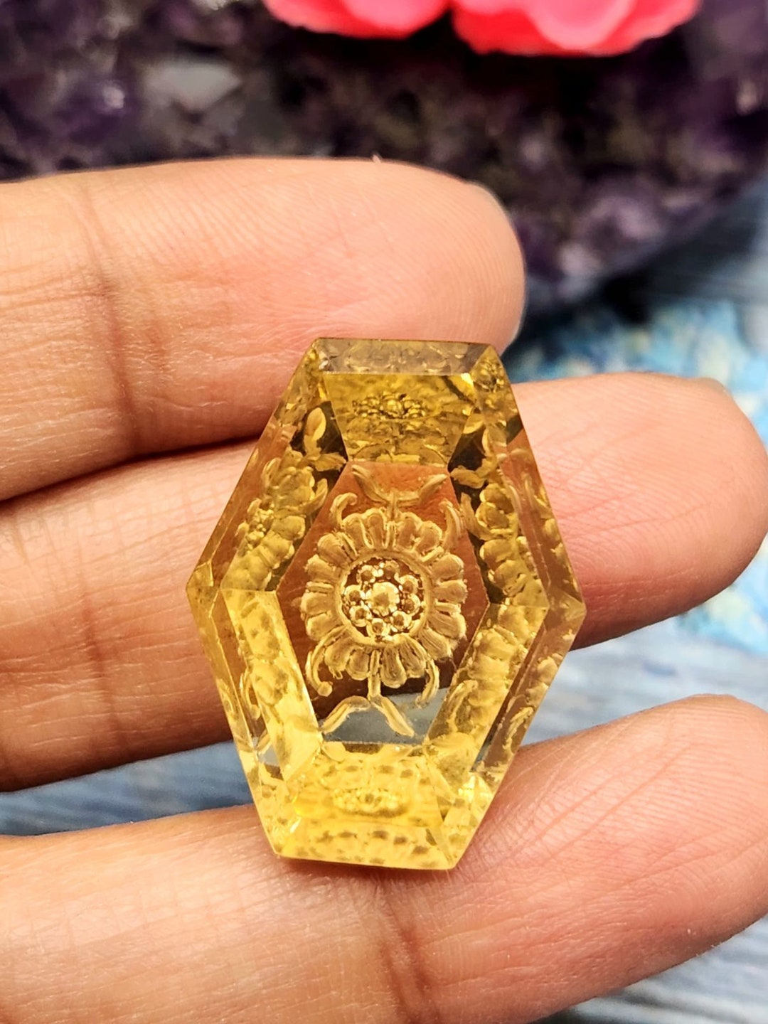 Beer Quartz Floral Design Carving Faceted Loose Gemstone for Pendant ...