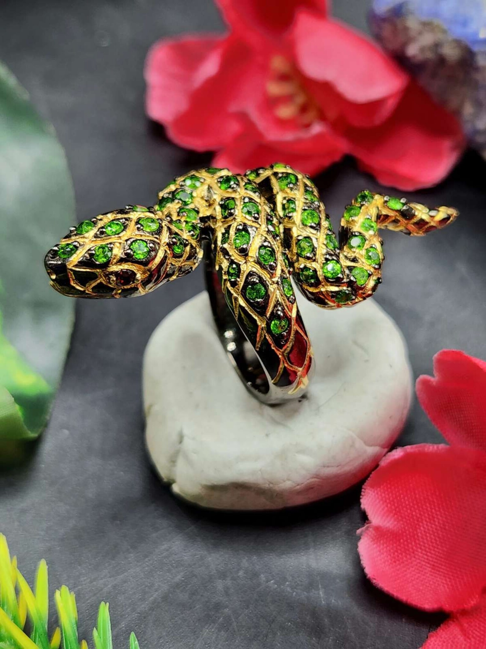 Tsavorite Snake Finger Ring in Black Rhodium Plated 925 Silver ...