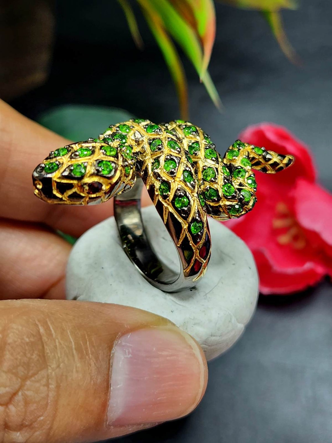 Tsavorite Snake Finger Ring in Black Rhodium Plated 925 Silver ...