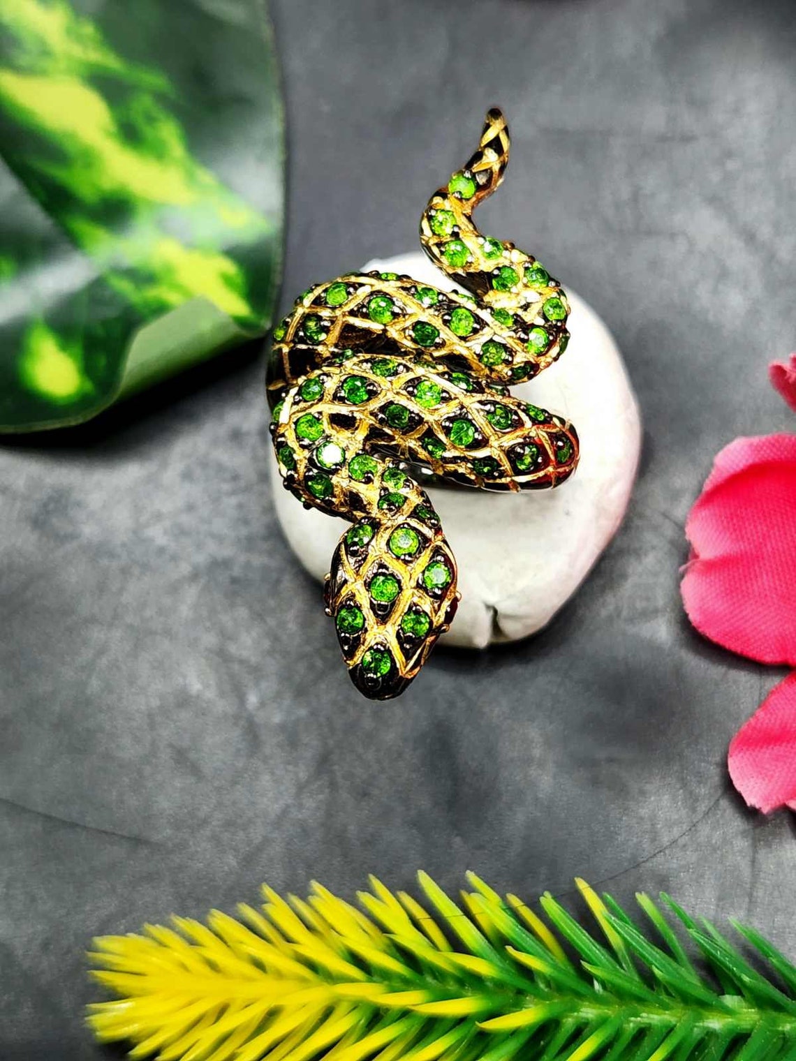 Tsavorite Snake Finger Ring in Black Rhodium Plated 925 Silver ...