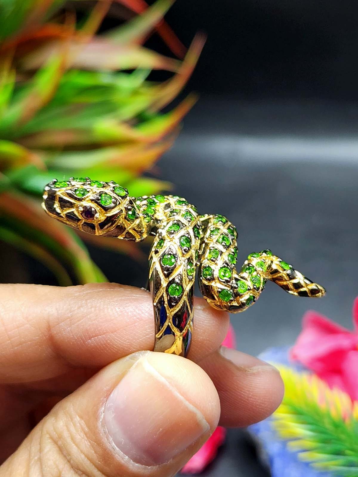 Tsavorite Snake Finger Ring in Black Rhodium Plated 925 Silver ...