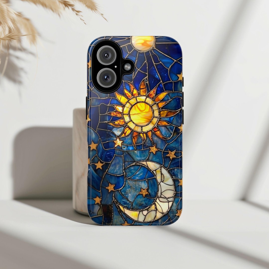 Starry Night Sky Phone Case, Faux Stained Glass Cover, Moon & Stars ...