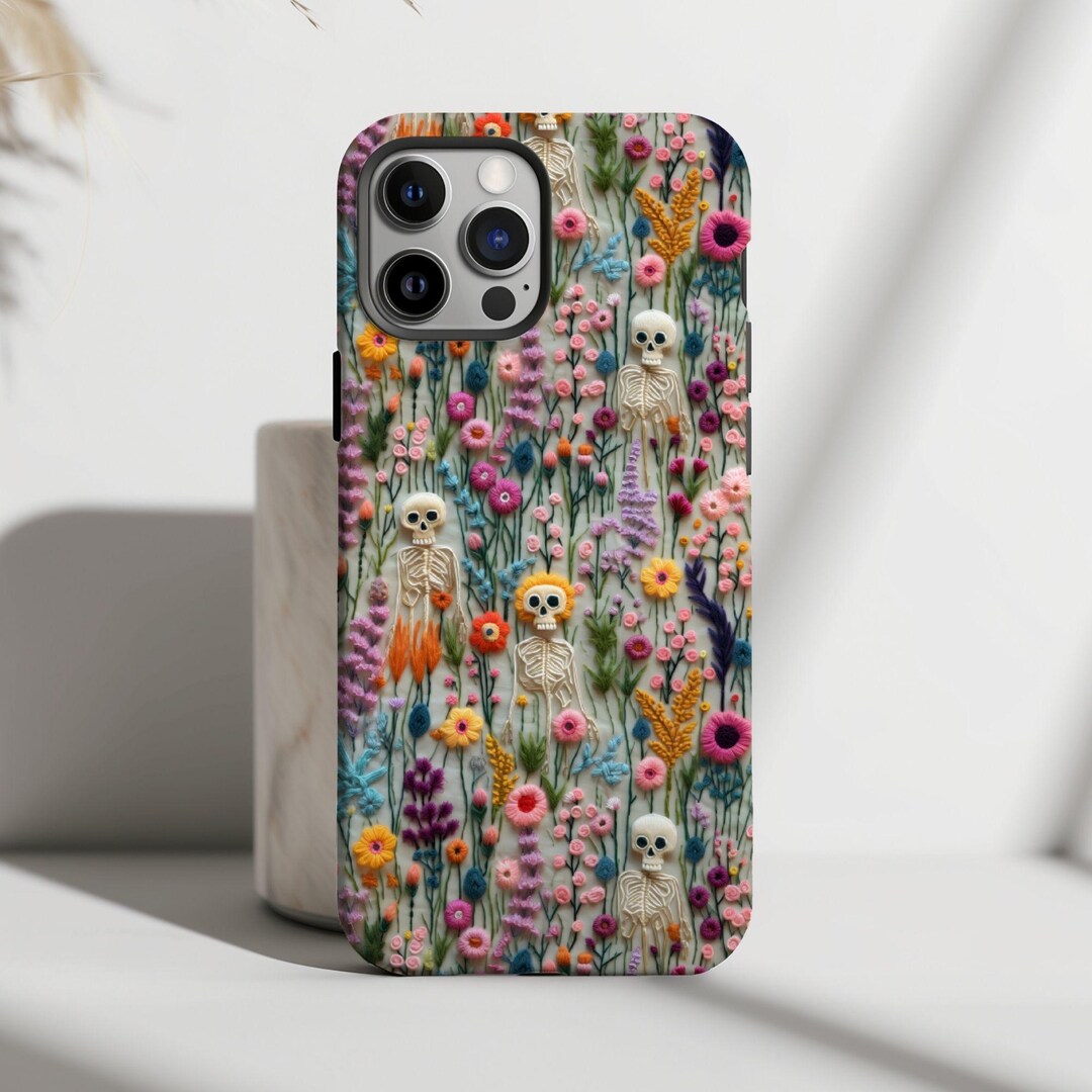 Spooky Skeletons in Bloom Phone Case, Embroidered Look Floral Charm ...